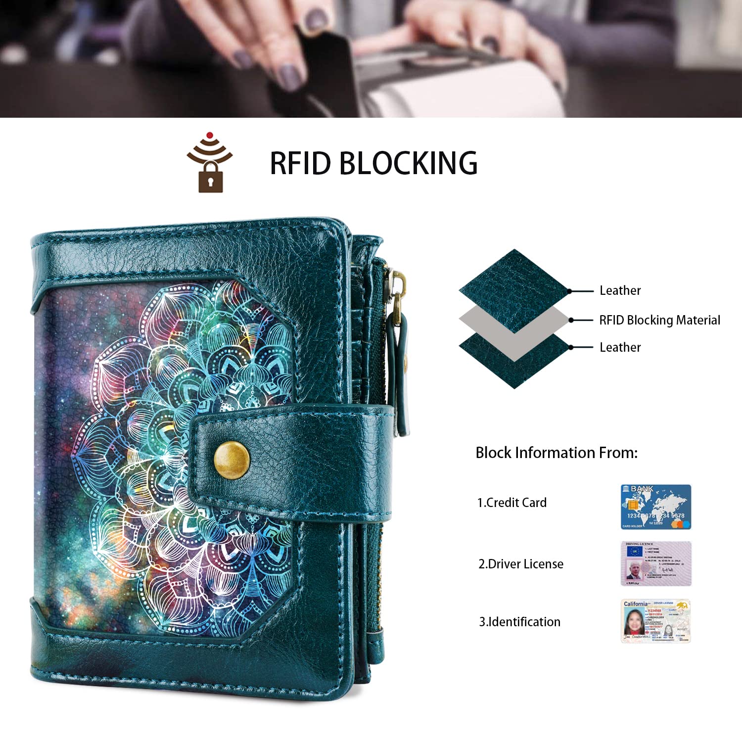 Simikol Women Leather Wallet RFID Blocking Small Bifold Zipper Pocket Wallet Card Case Purse with ID Window,Mandala Nebula