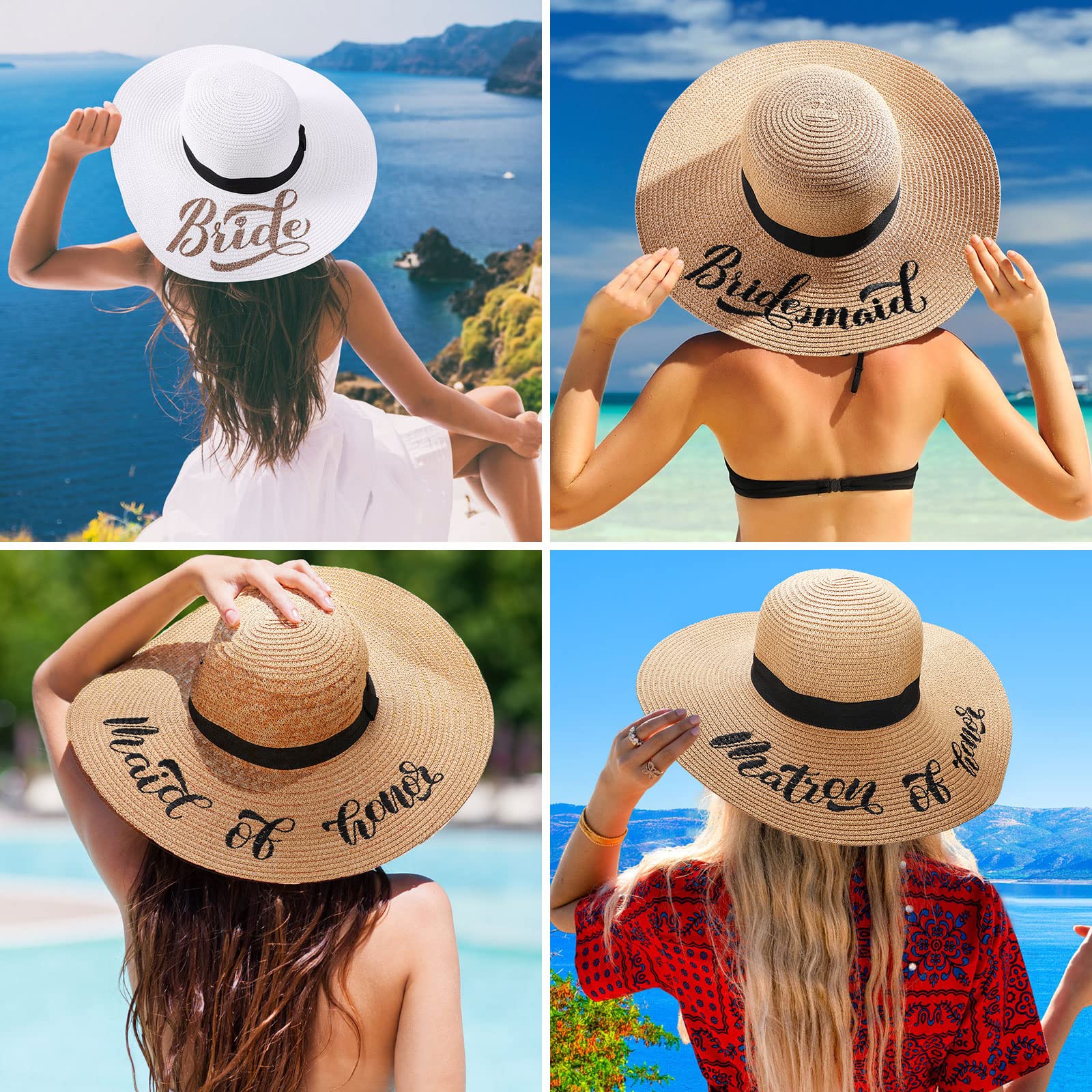 7 Pcs Bride and Bridesmaid Sun Hat Bulk Women Hat Foldable Floppy Sun Hat for Bachelorette Party Gift Honeymoon (Cute Style) White, Beige