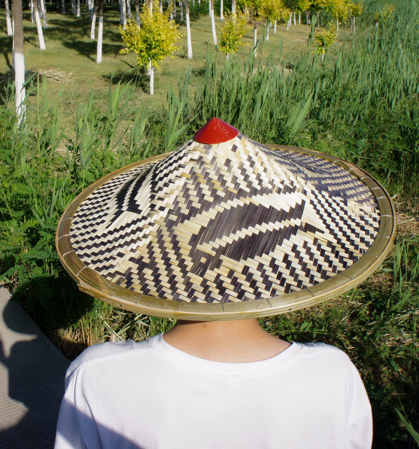 xihexi Chinese Bamboo Hat Oriental Asian Japanese Garden Fish Conical Cap Dia.19 Inch