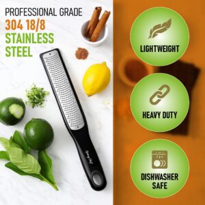 Spring Chef Premium Lemon Zester Grater with Handle - Fruits, Garlic, Chocolate, Nutmeg, Ginger Grater - Heavy Duty Kitchen Tool - Stainless Steel Citrus Zester with Blade Cover - Fine Shred, Black