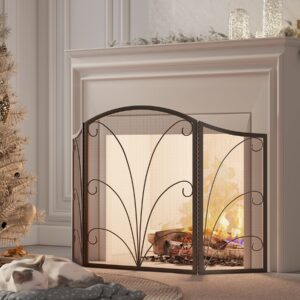 Kingson 3-Panel Arched Fireplace Screen Decorative, Handcrafted Scroll Wrought Iron Fireplace Spark Guard Cover - Black