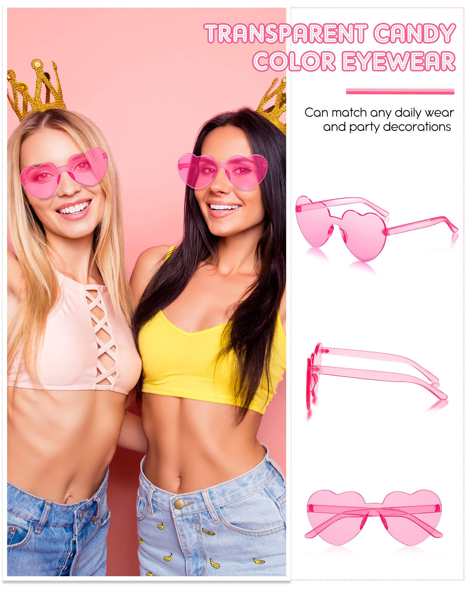 Colzzy 16 Pair Heart Shaped Sunglasses Candy Color Glasses Frameless Sunglasses for Party Women(Pink)