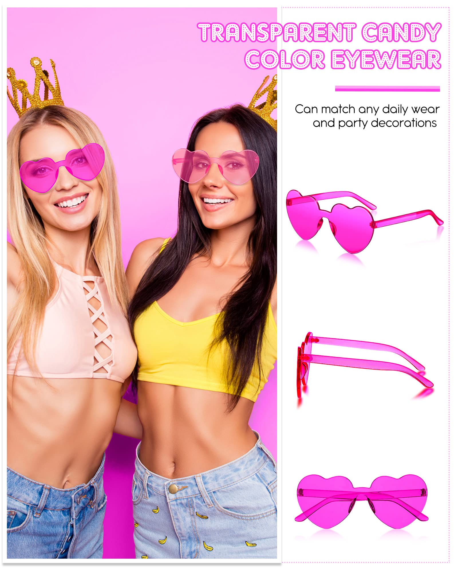 Colzzy 30 Pcs Heart Shaped Rimless Sunglasses Transparent Colorful Frameless Glasses Eyewear Bachelorette Party (Vivid Colors)