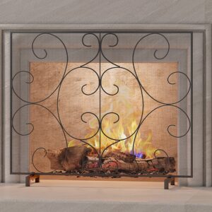 Kingson Single Panel Decorative Flat Fireplace Screen Cover Handcrafted Durable Metal Mesh, Heat-Resistant Free Standing Fire Spark Guard Mesh 37.8" L x 8.8" W x 30.7" H