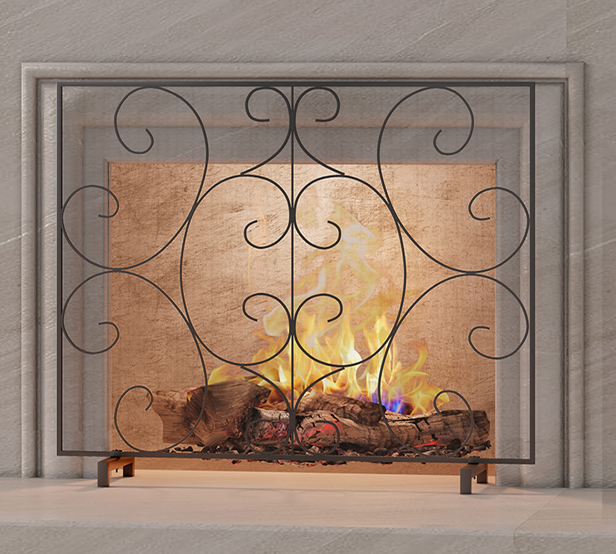 Kingson Single Panel Decorative Flat Fireplace Screen Cover Handcrafted Durable Metal Mesh, Heat-Resistant Free Standing Fire Spark Guard Mesh 37.8" L x 8.8" W x 30.7" H