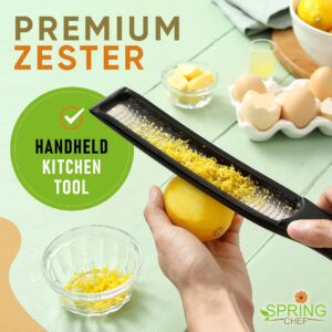 Spring Chef Premium Lemon Zester Grater with Handle - Fruits, Garlic, Chocolate, Nutmeg, Ginger Grater - Heavy Duty Kitchen Tool - Stainless Steel Citrus Zester with Blade Cover - Fine Shred, Black