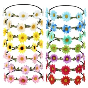 Cinaci 14 Pack Handmade Hawaiian Beach Bohemian Boho Adjustable Sunflower Flower Crowns Headbands Wreath Tiara Garland Wedding Party Headpieces for Women Girls Brides Bridesmaids Teens