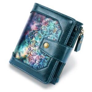 simikol women leather wallet rfid blocking small bifold zipper pocket wallet card case purse with id window,mandala nebula