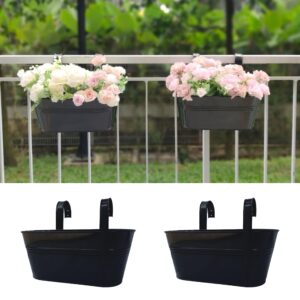 lalagreen railing planter outdoor plants (2 pack, 11.2 inch) black metal iron hanging flower pots deck rail fence hanging bucket modern countryside style window box plant holder with hooks porch decor