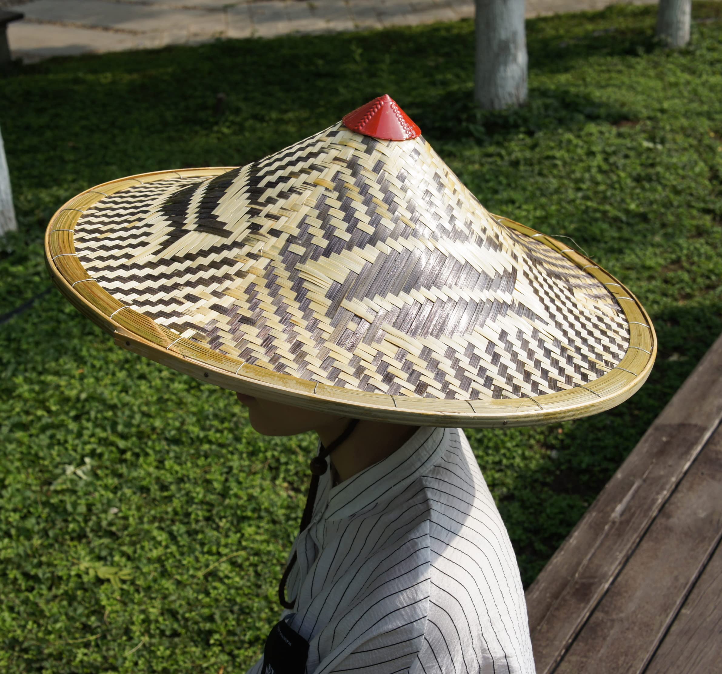 xihexi Chinese Bamboo Hat Oriental Asian Japanese Garden Fish Conical Cap Dia.19 Inch