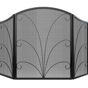 Kingson 3-Panel Arched Fireplace Screen Decorative, Handcrafted Scroll Wrought Iron Fireplace Spark Guard Cover - Black