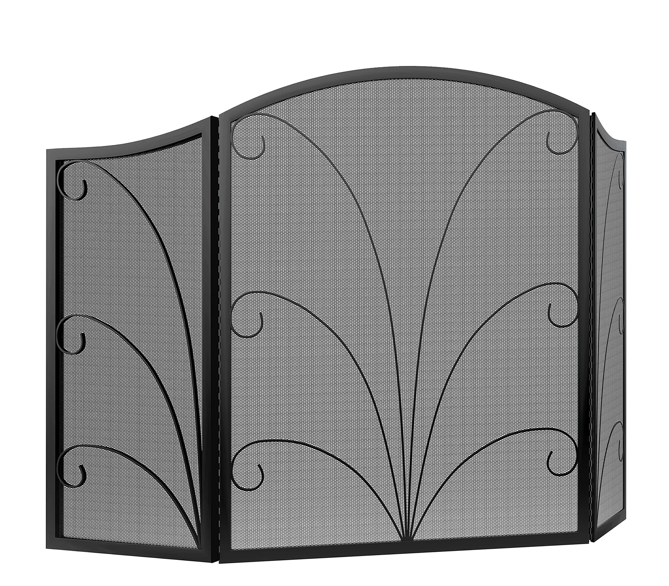 Kingson 3-Panel Arched Fireplace Screen Decorative, Handcrafted Scroll Wrought Iron Fireplace Spark Guard Cover - Black