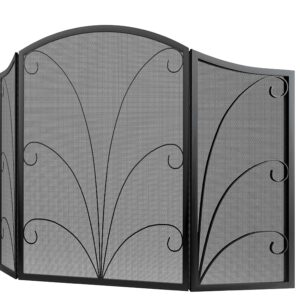 Kingson 3-Panel Arched Fireplace Screen Decorative, Handcrafted Scroll Wrought Iron Fireplace Spark Guard Cover - Black