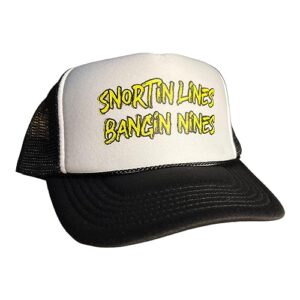 snortin lines bangin nines snapback trucker hat for men or women, vintage fit with funny novelty graphic, custom mesh cap (gray/black)