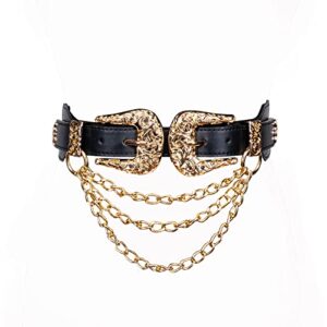 barry.wang stretchy belts women wide elastic cinch waist belt designed chain black snap-button 2 gold buckle halloween