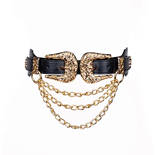 Barry.Wang Stretchy Belts Women Wide Elastic Cinch Waist Belt Designed Chain Black Snap-Button 2 Gold Buckle Halloween