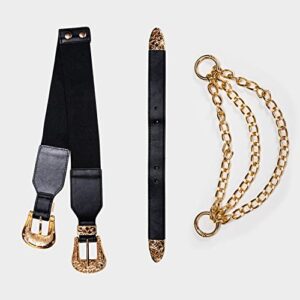 Barry.Wang Stretchy Belts Women Wide Elastic Cinch Waist Belt Designed Chain Black Snap-Button 2 Gold Buckle Halloween