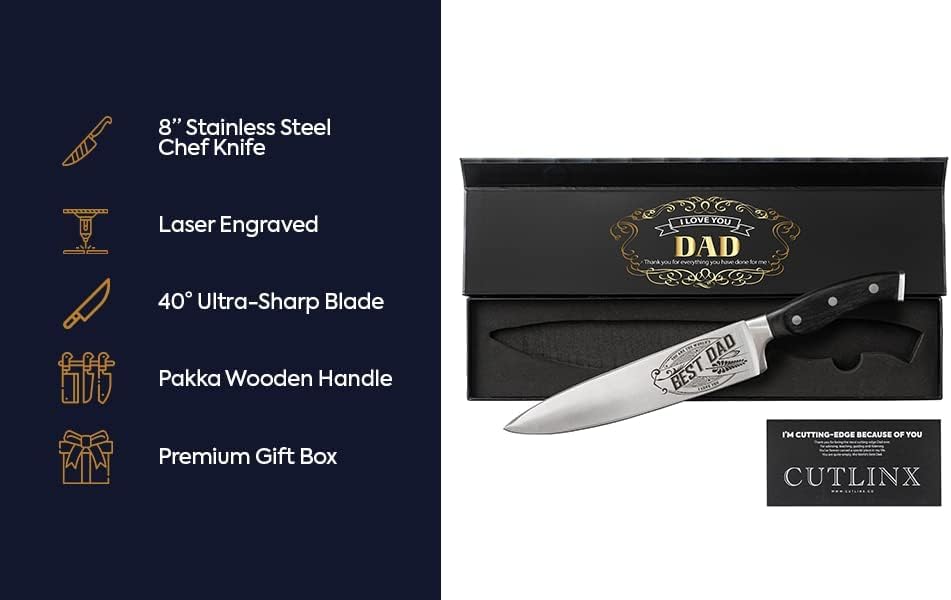 Birthday Gift BEST DAD - Premium Chef Knife Gift - 8 in. Stainless Carbon Steel Kitchen Knive w/Pakka Wood Handle - Father's Day, Christmas, Housewarming, Anniversary, Holiday Gifts by CutLinx