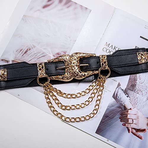 Barry.Wang Stretchy Belts Women Wide Elastic Cinch Waist Belt Designed Chain Black Snap-Button 2 Gold Buckle Halloween