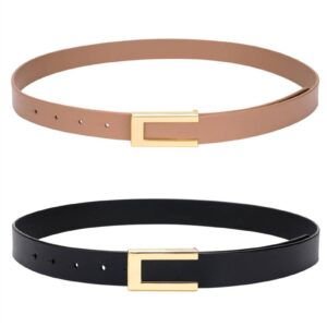 yooai womens leather belt skinny waist belt for dresses jeans pants with gold buckle black+khaki 95