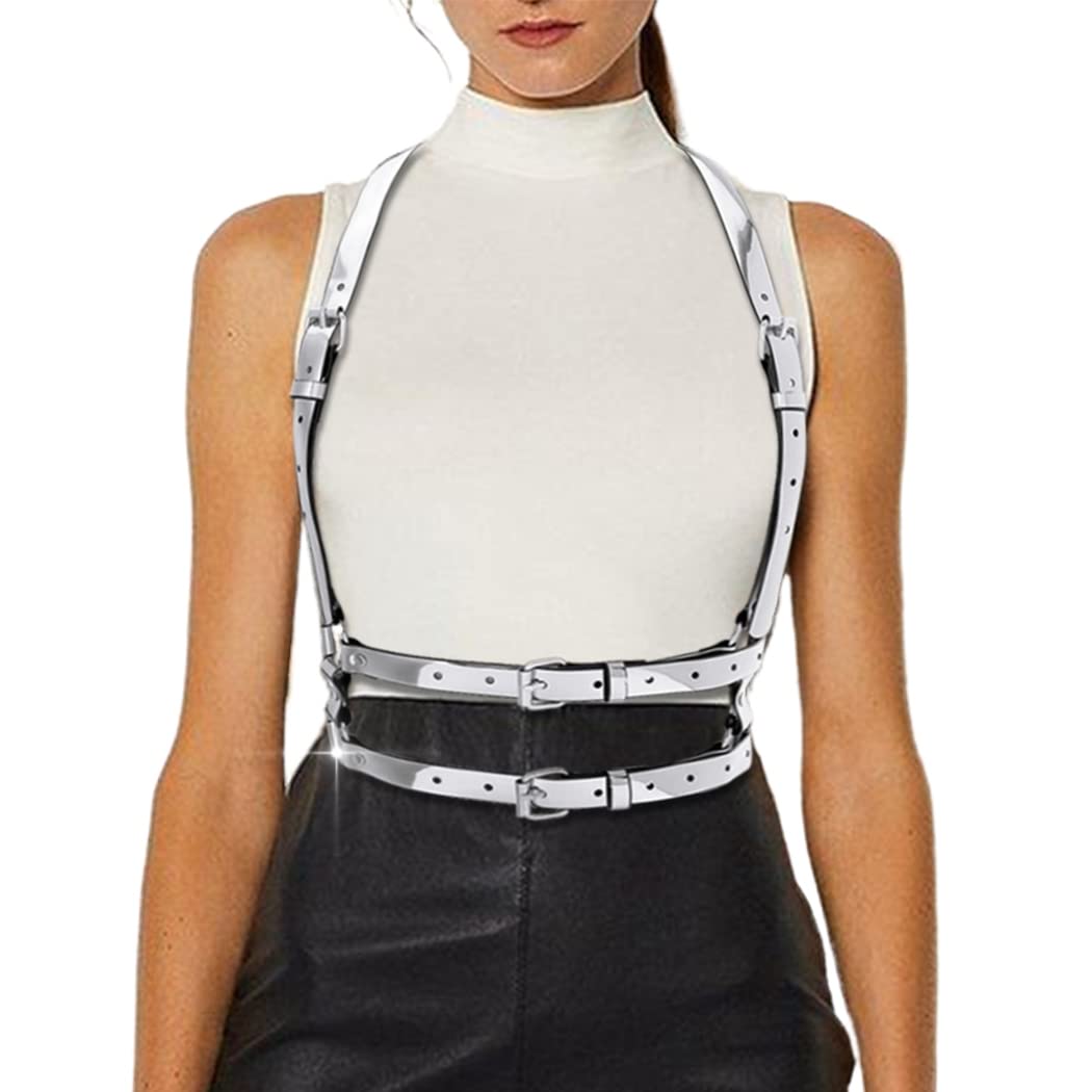 BODIY Women High Waisted Harness Belt Silver Mirror Waist Strap Belts Rave Punk Rock Belts