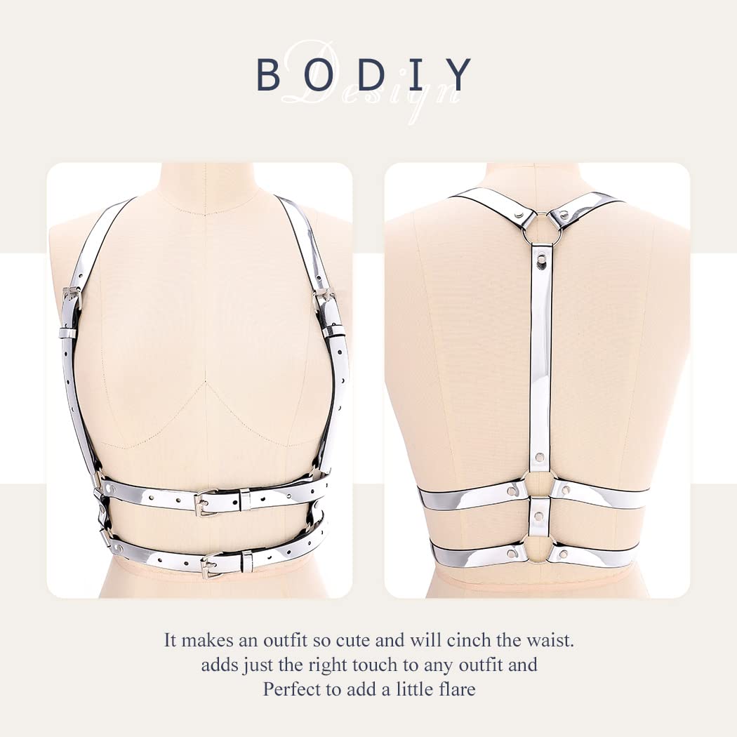 BODIY Women High Waisted Harness Belt Silver Mirror Waist Strap Belts Rave Punk Rock Belts