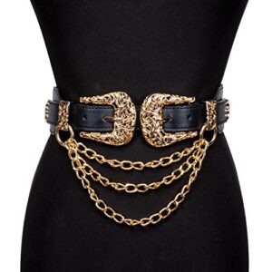 Barry.Wang Stretchy Belts Women Wide Elastic Cinch Waist Belt Designed Chain Black Snap-Button 2 Gold Buckle Halloween