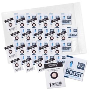 integra boost - 55% rh level - 2 gram size - two-way humidity control pack - includes humidity indicator cards - humidity balancer packet for packaged foods & herbs storage, protects 1/4 oz, (20 pcs)