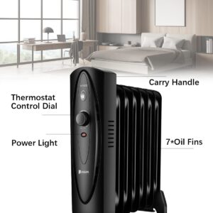 Mini Oil Filled Space Heater, JASUN Electric Radiator Heater with Adjustable Temperature, 700W Powerful Heating for Bedroom, Office, Living Room, Black