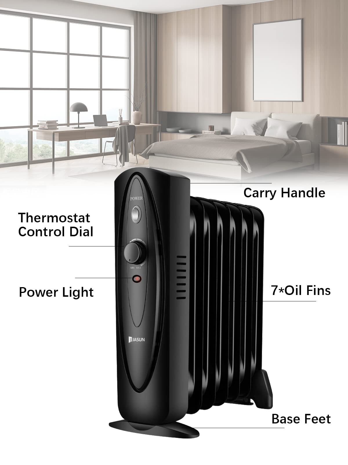 Mini Oil Filled Space Heater, JASUN Electric Radiator Heater with Adjustable Temperature, 700W Powerful Heating for Bedroom, Office, Living Room, Black