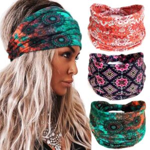 aceorna boho headbands wide knotted hairbands stretch printed head bands bohemia head wraps for women 3 pcs (set i)