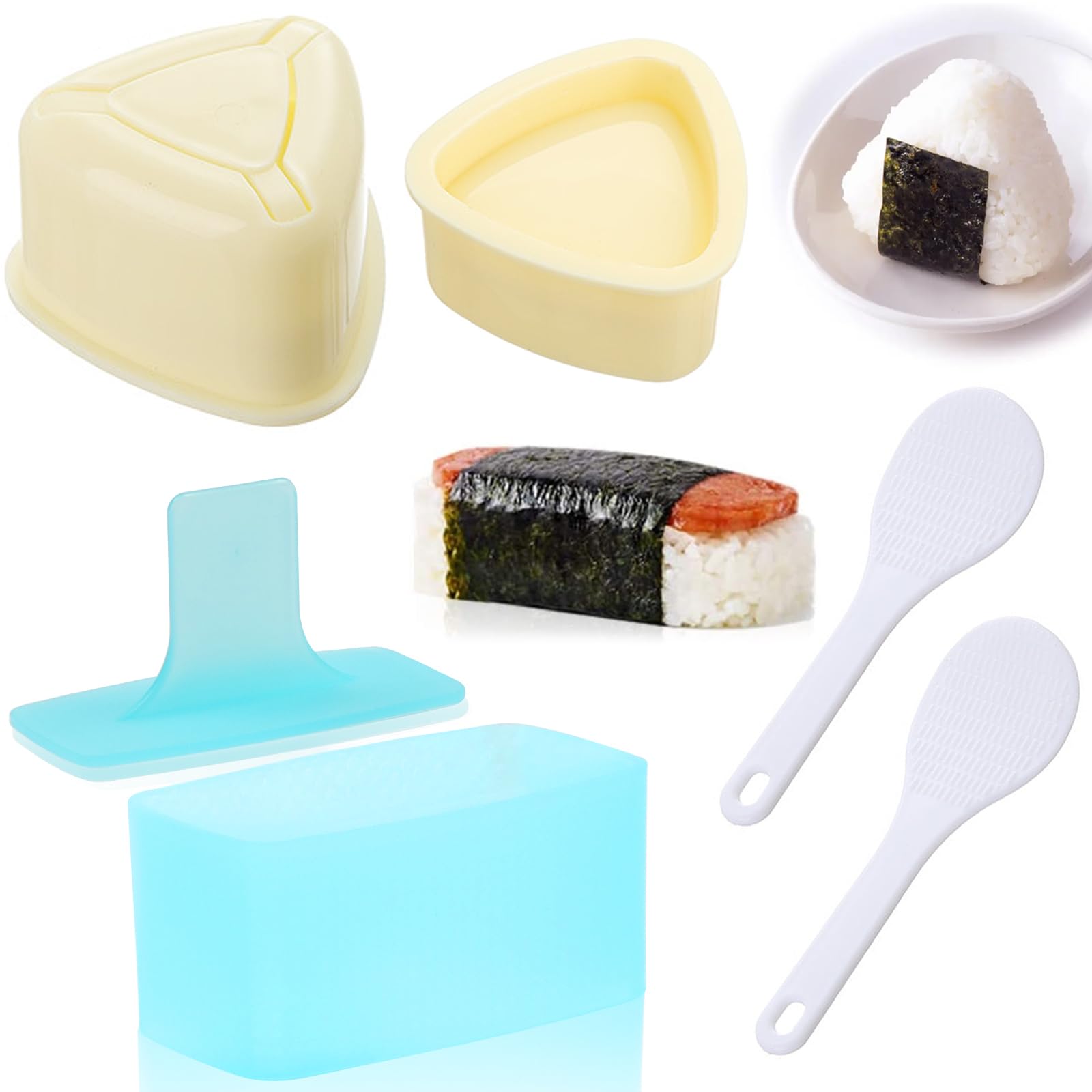 3 Pack Onigiri Sushi Maker Mold, Non Stick Musubi Maker Press, Triangle Rice Ball Mold Sushi Makers (Large & Small) with 2 Pack Small Rice Paddles