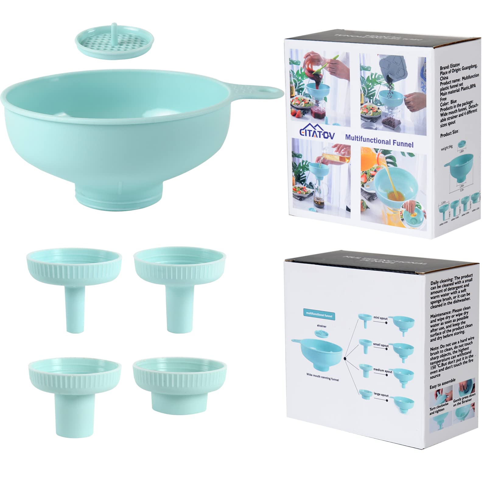 Plastic Wide Mouth Kitchen Funnels with Detachable 4 Different Sizes Spout and Strainer for Filling Small Bottles, Canning Funnel for Wide and Regular Jars,Food Funnels for Kitchen Use