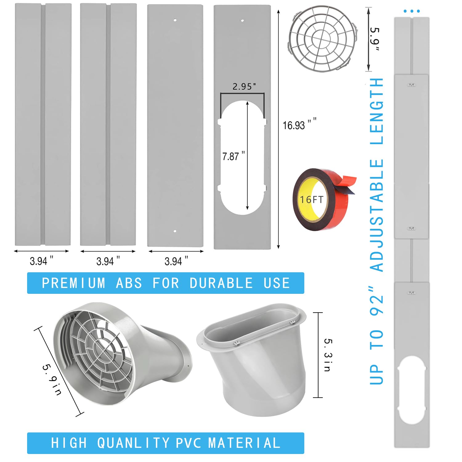 Portable AC Window Vent Kit, Adjustable Vertical/Horizontal Sliding Window Kit Plate for AC Unit, AC Window Vent Kit, AC Window Seal With 5.9 Inch Diameter, 59 Inch Length Exhaust Hose