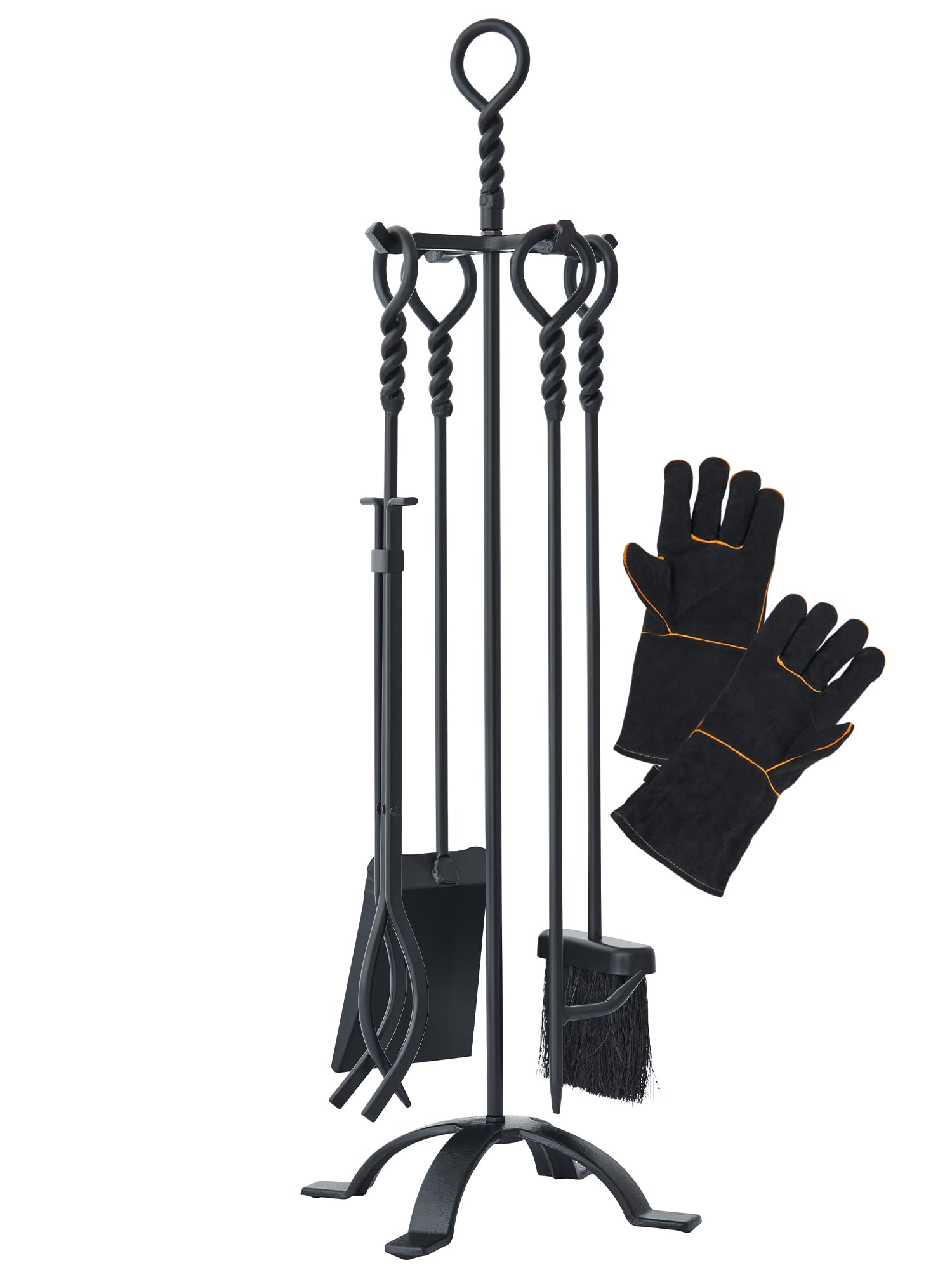 Lichamp Fireplace Tools Set, 5-Pieces Indoor Outdoor Sturdy Fire Place Poker Sets with Retro Handle and Heat Resistant Leather Gloves, FTS55BK