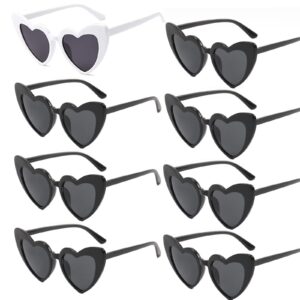 aeahaly 8 pairs white and black heart sunglasses bulk for women, vintage cat eye mod style bride sunglasses retro heart shaped sunglasses bulk for shopping traveling wedding party accessories