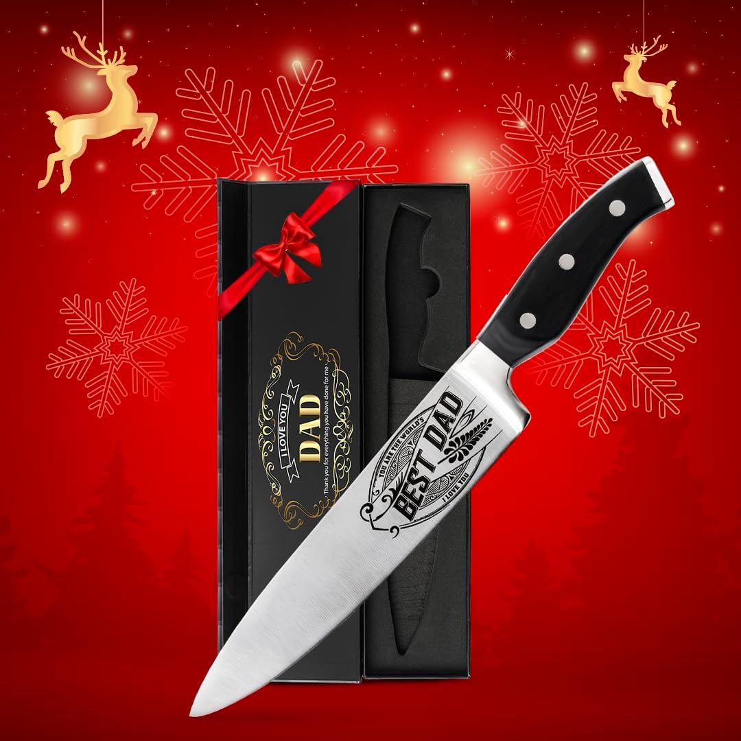 Birthday Gift BEST DAD - Premium Chef Knife Gift - 8 in. Stainless Carbon Steel Kitchen Knive w/Pakka Wood Handle - Father's Day, Christmas, Housewarming, Anniversary, Holiday Gifts by CutLinx