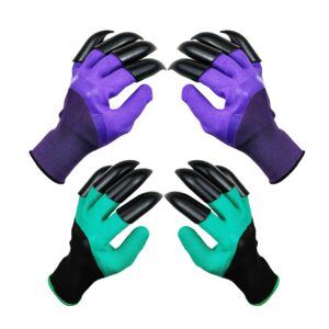 dccpaa garden gloves with claws 2 pairs（two hands with claws for digging, planting, weeding, seeding-waterproof, best gardening gifts for men and women-purple+green