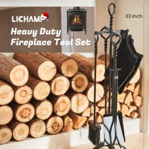 Lichamp Fireplace Tools Set, 5-Pieces Indoor Outdoor Sturdy Fire Place Poker Sets with Retro Handle and Heat Resistant Leather Gloves, FTS55BK