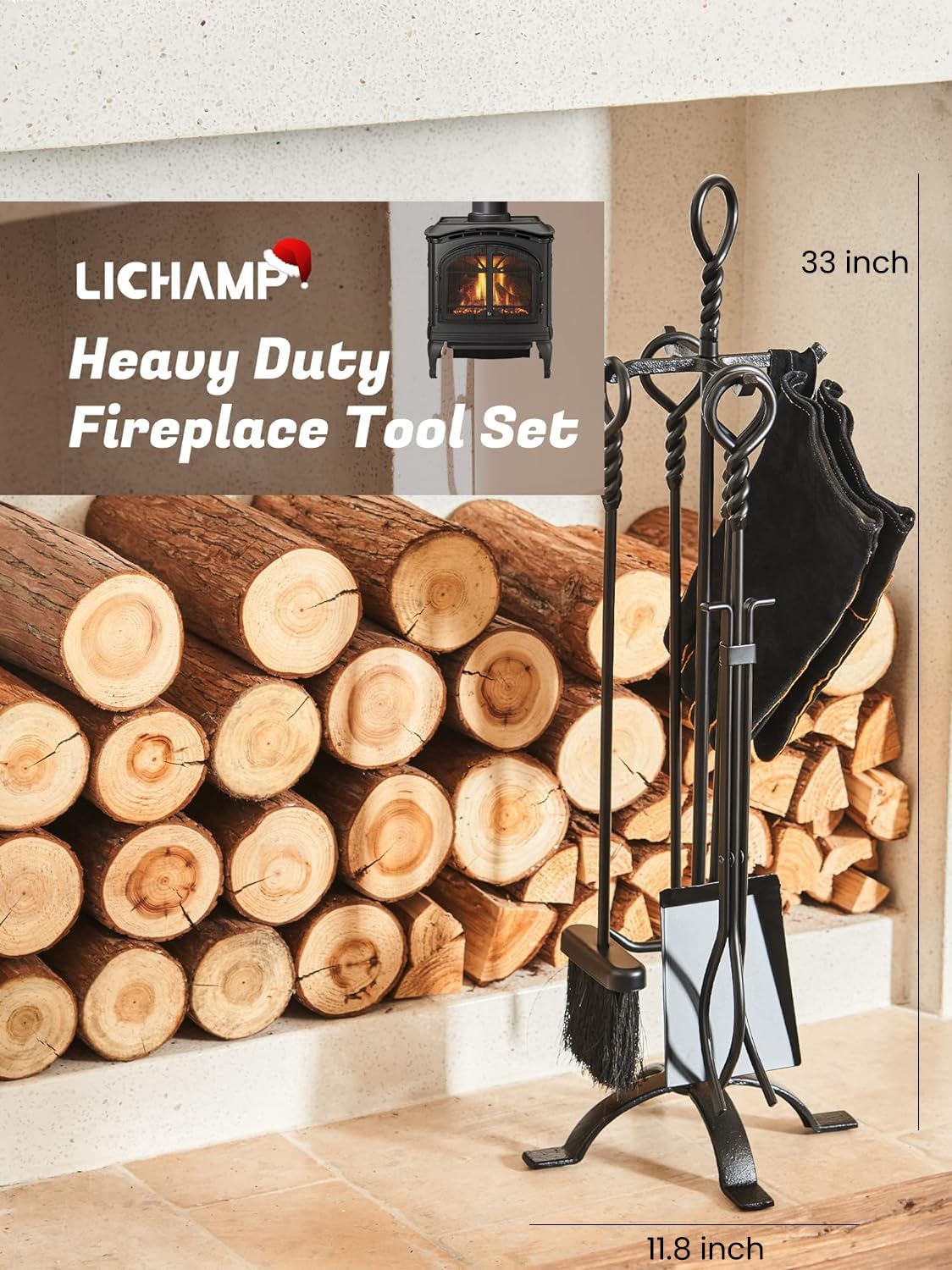 Lichamp Fireplace Tools Set, 5-Pieces Indoor Outdoor Sturdy Fire Place Poker Sets with Retro Handle and Heat Resistant Leather Gloves, FTS55BK