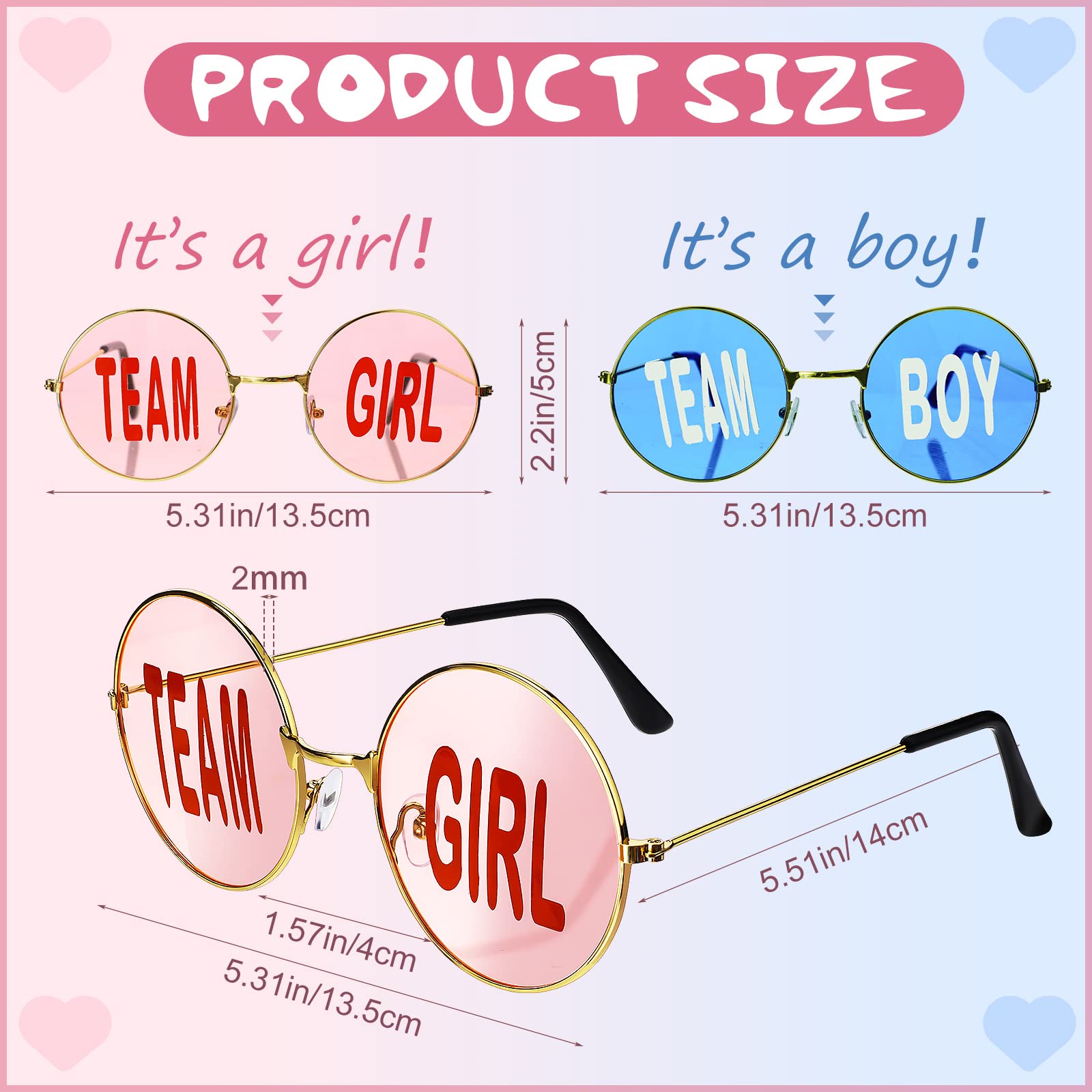 Konohan 8 Pairs Gender Reveal Glasses Blue and Pink Sunglasses Frameless Team Girl and Team Boy Decor for Gender Reveal Party (Round)