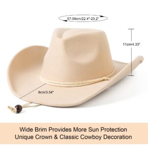 Lanzom Women Men Retro Felt Wide Brim Western Cowboy Cowgirl Hat Dress Up Hat with Wind Lanyard (Beige,Medium)