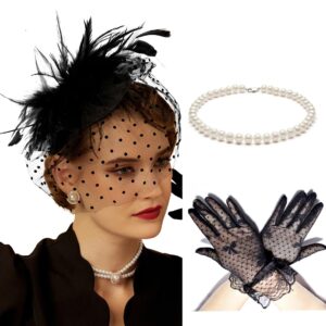 Cizoe Black 1920s Fascinator Hats for Women 20s 50s Vintage Feather Hat,Necklace,Gloves,Earrings(A-Big feather set)