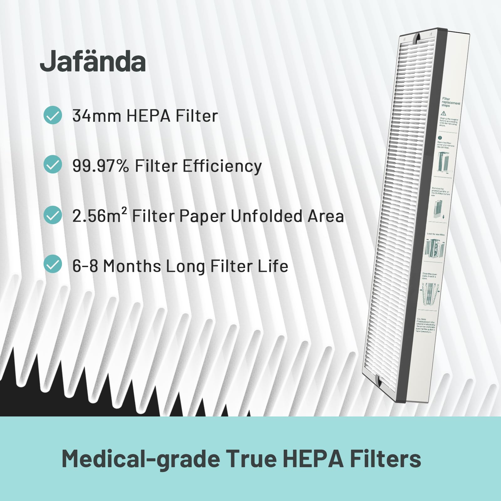 Jafända Air Filter Original FIlter Replacement 2 Pack for JF999 Air Purifier, 3-in-1 Filter with The True HEPA 13 &1.68 lb Activated Carbon