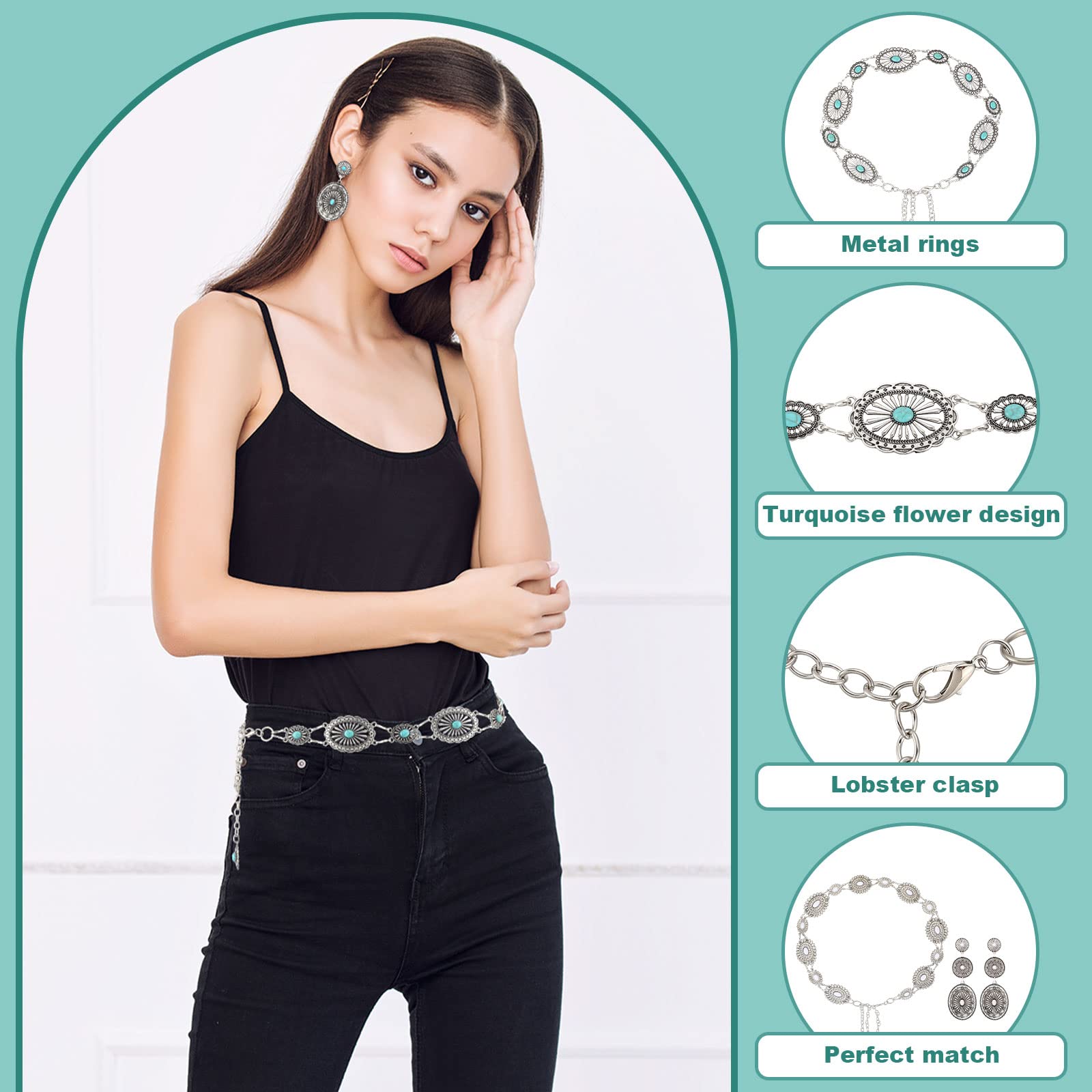 Newtay 4 Pcs Western Belts for Women Cowgirl Concho Belts Earrings Set Including 2 Metal Turquoise Belts 2 Pairs Dangle Earrings(White, Green)