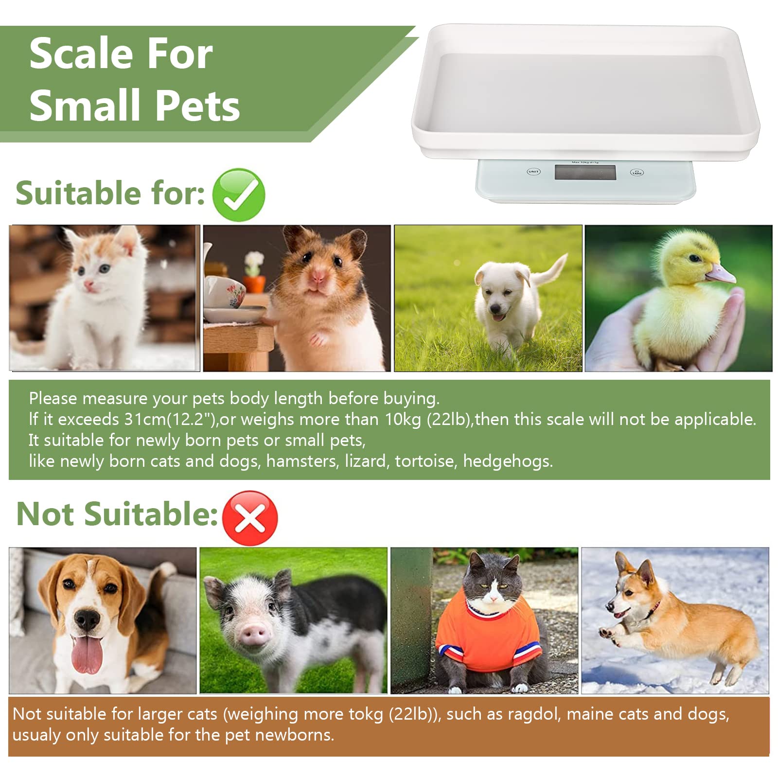 Digital Small Animals Scales for Weighing with Tape Measure, Detachable Tray Puppy Whelping Scale with High Precision Weigh Your Kitten, Rabbit, Multifunction Scales for Small Dogs Cats Crawl Pet