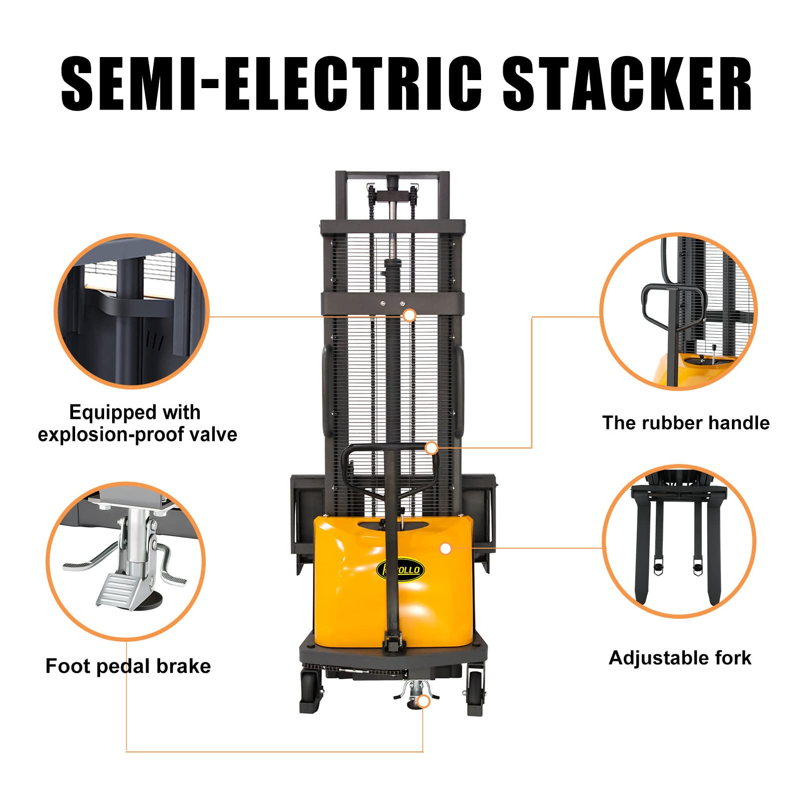 APOLLOLIFT Semi-Electric Pallet Stacker with 3300Lbs Cap 118" Lifting Height Fixed Legs for Open Bottom Pallet