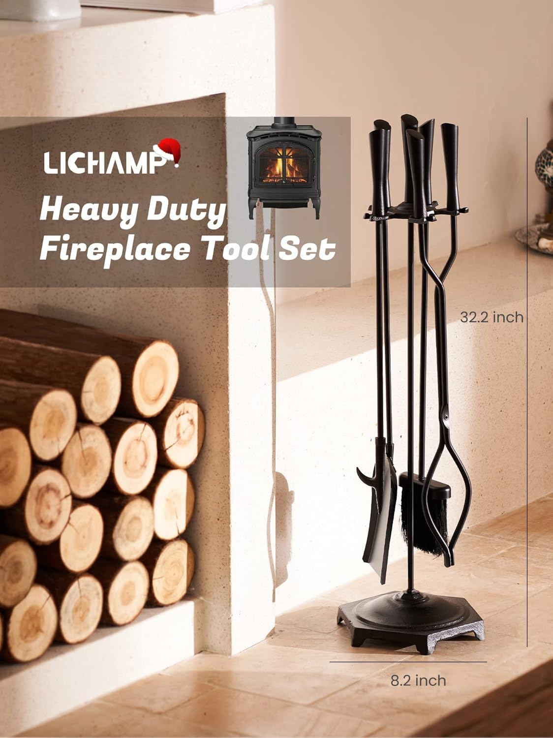 Lichamp Fireplace Tools Set, 5-Pieces Indoor Outdoor Sturdy Fire Place Poker Sets with Modern Handle, FTS15BK