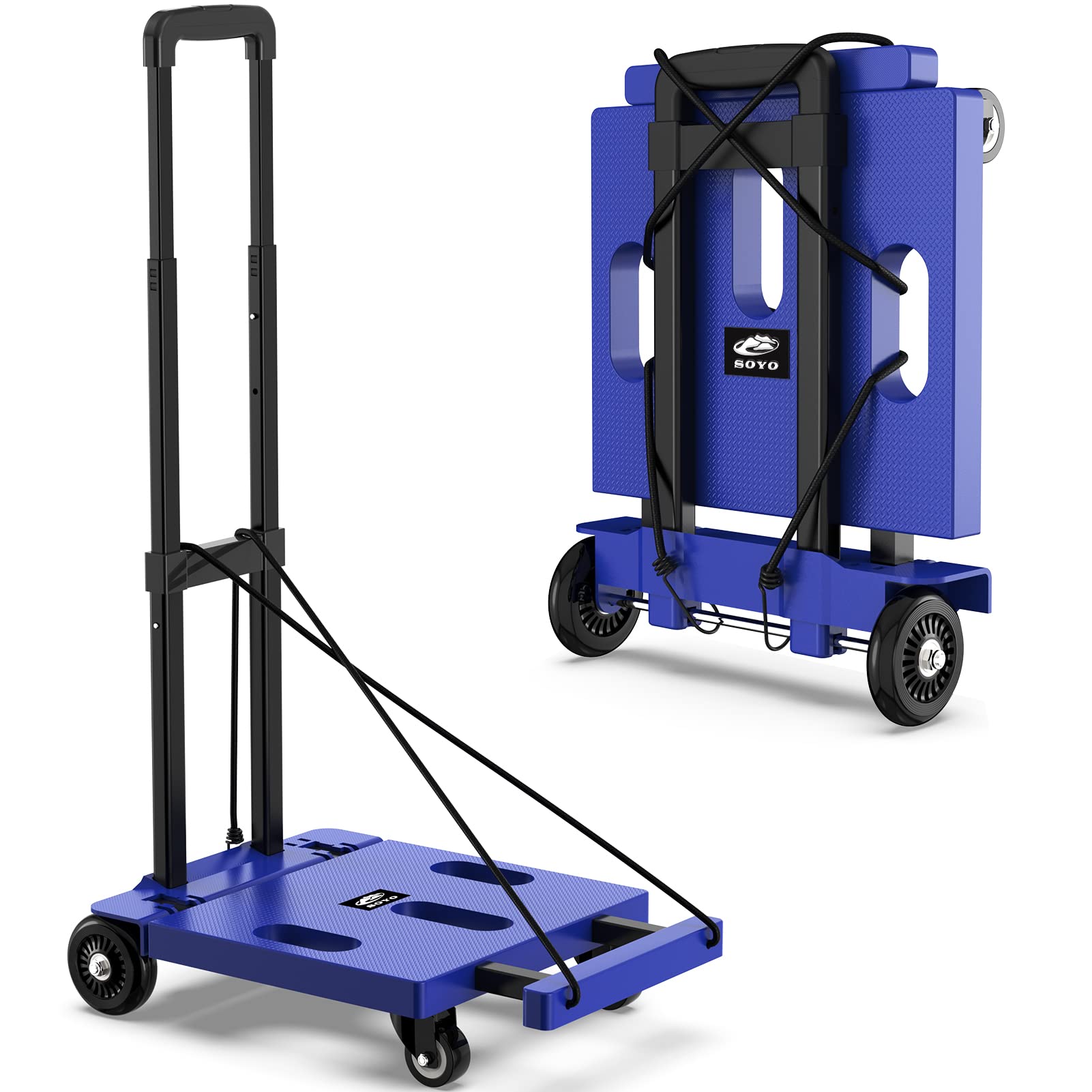 SOYO Folding Hand Truck, 265 LB Capacity Dolly Cart for Moving, Heavy Duty Fold Up Shifter Trolley Collapsible Portable Luggage Cart with 4 Wheels for Travel Shopping Office Use, Blue