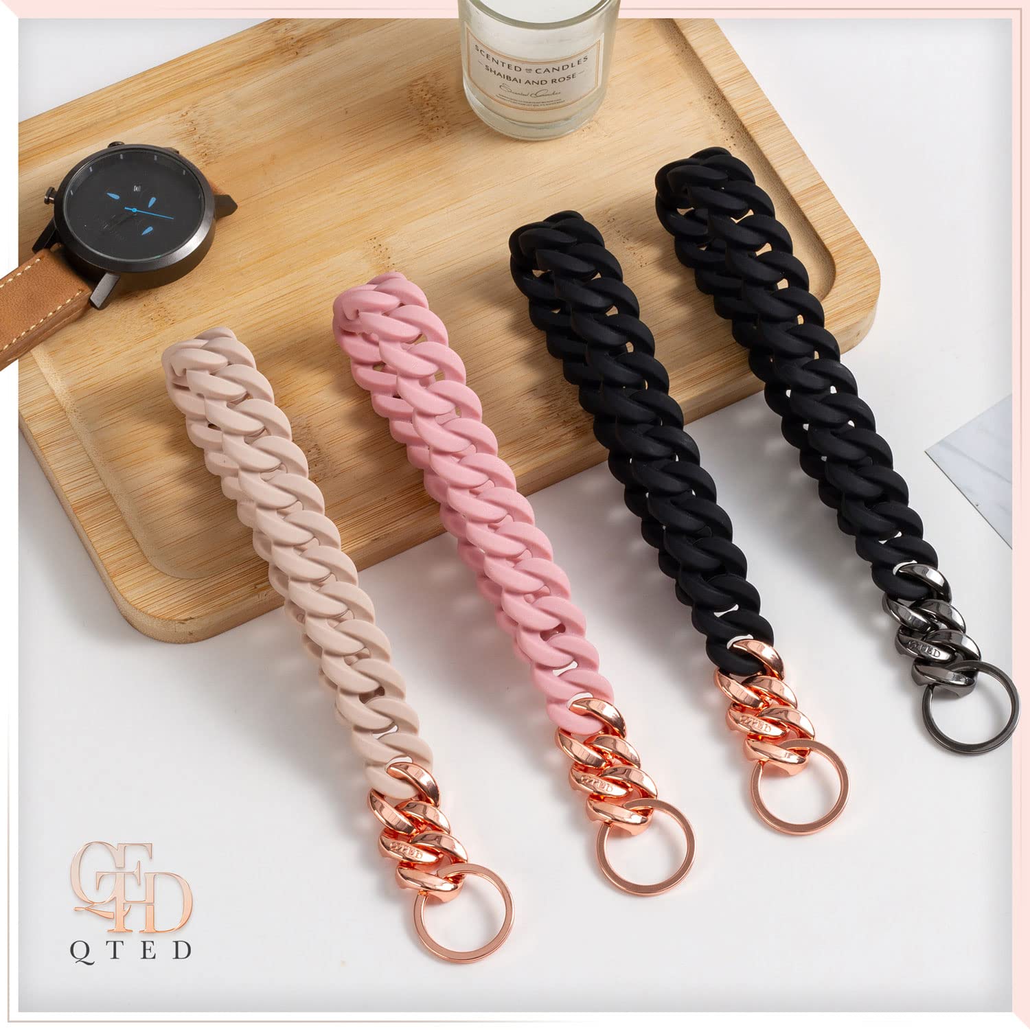 QTED Silicone Wristlet Keychain Bracelet - Key Wristlet Lanyard for Women & Men - Patented Design - Beige/R.Gold